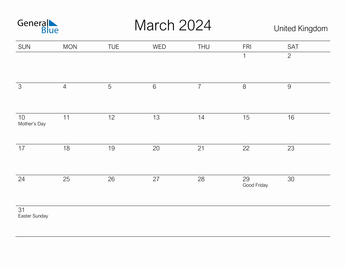 Printable March 2024 Monthly Calendar with Holidays for United Kingdom