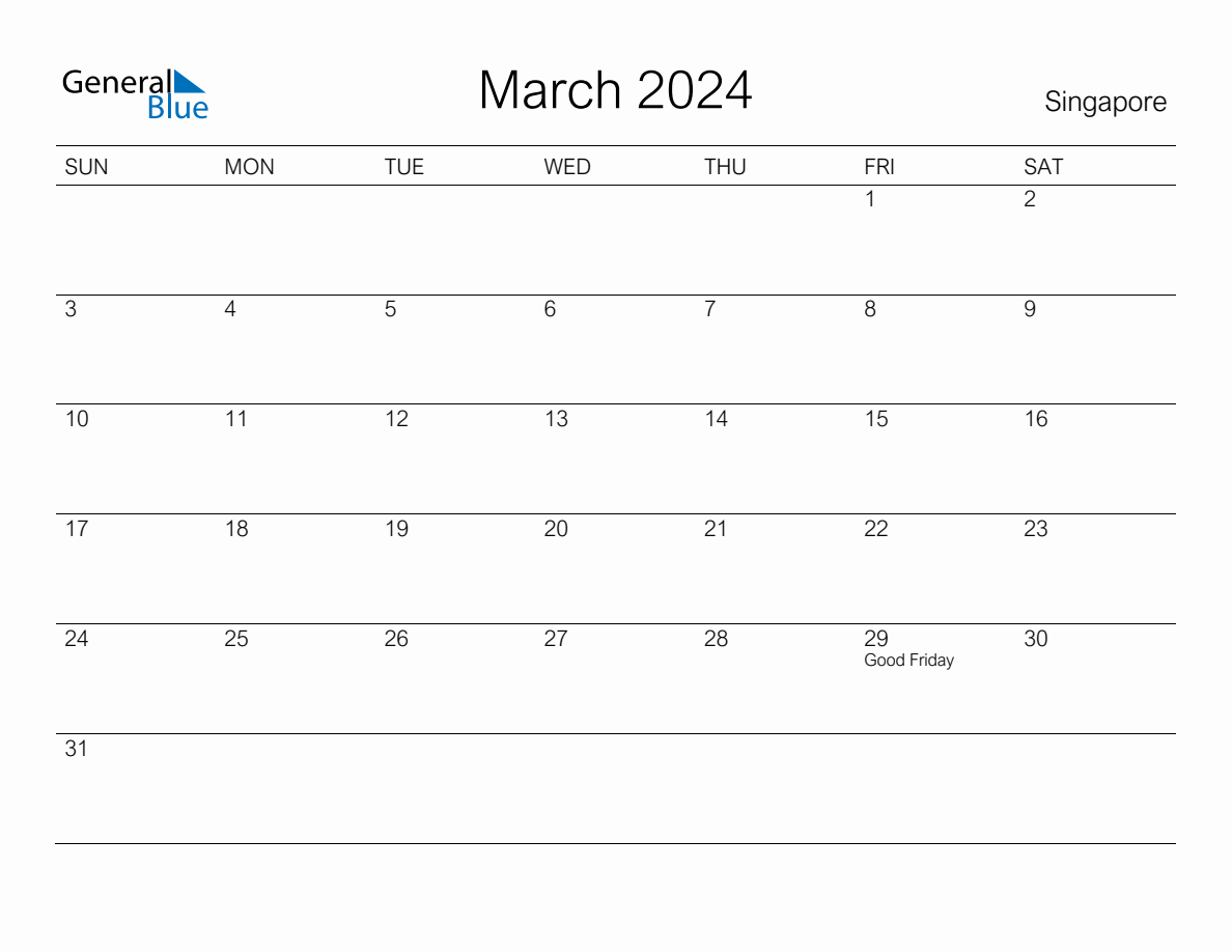 Printable March 2024 Monthly Calendar with Holidays for Singapore