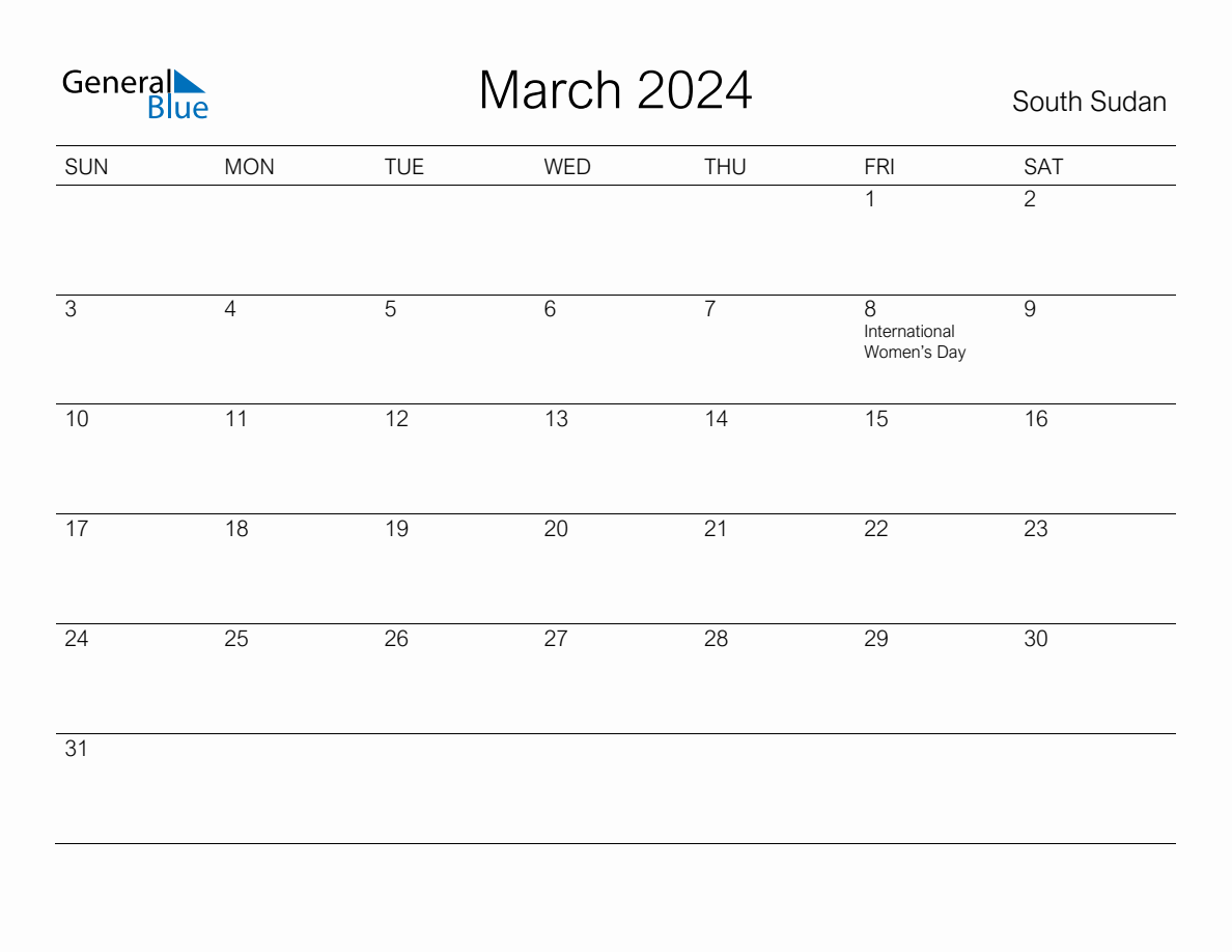 Printable March 2024 Monthly Calendar with Holidays for South Sudan