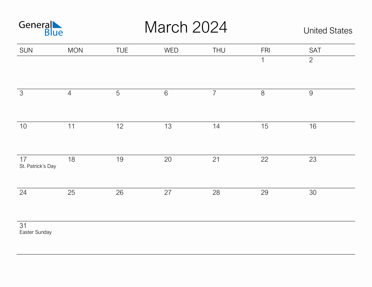 Printable March 2024 Monthly Calendar with Holidays for United States