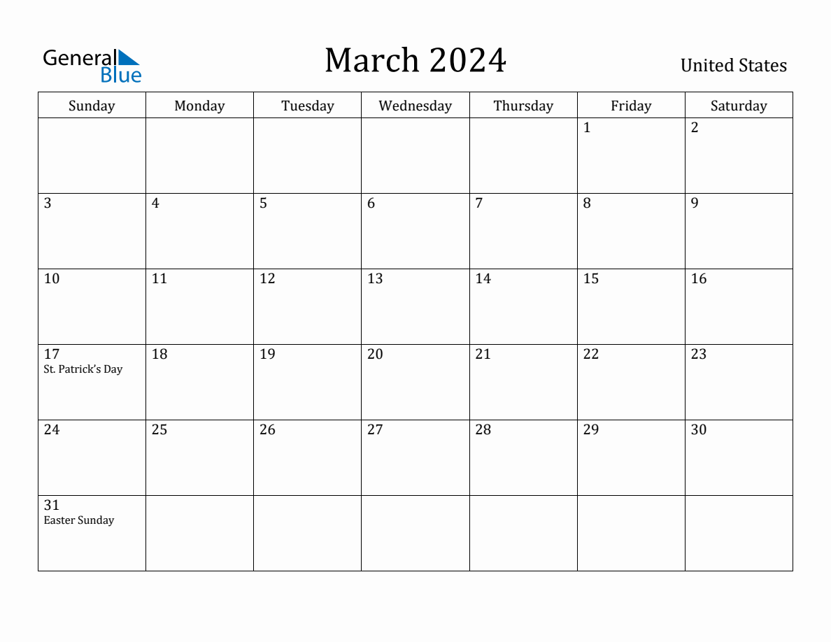 March 2024 Monthly Calendar with United States Holidays
