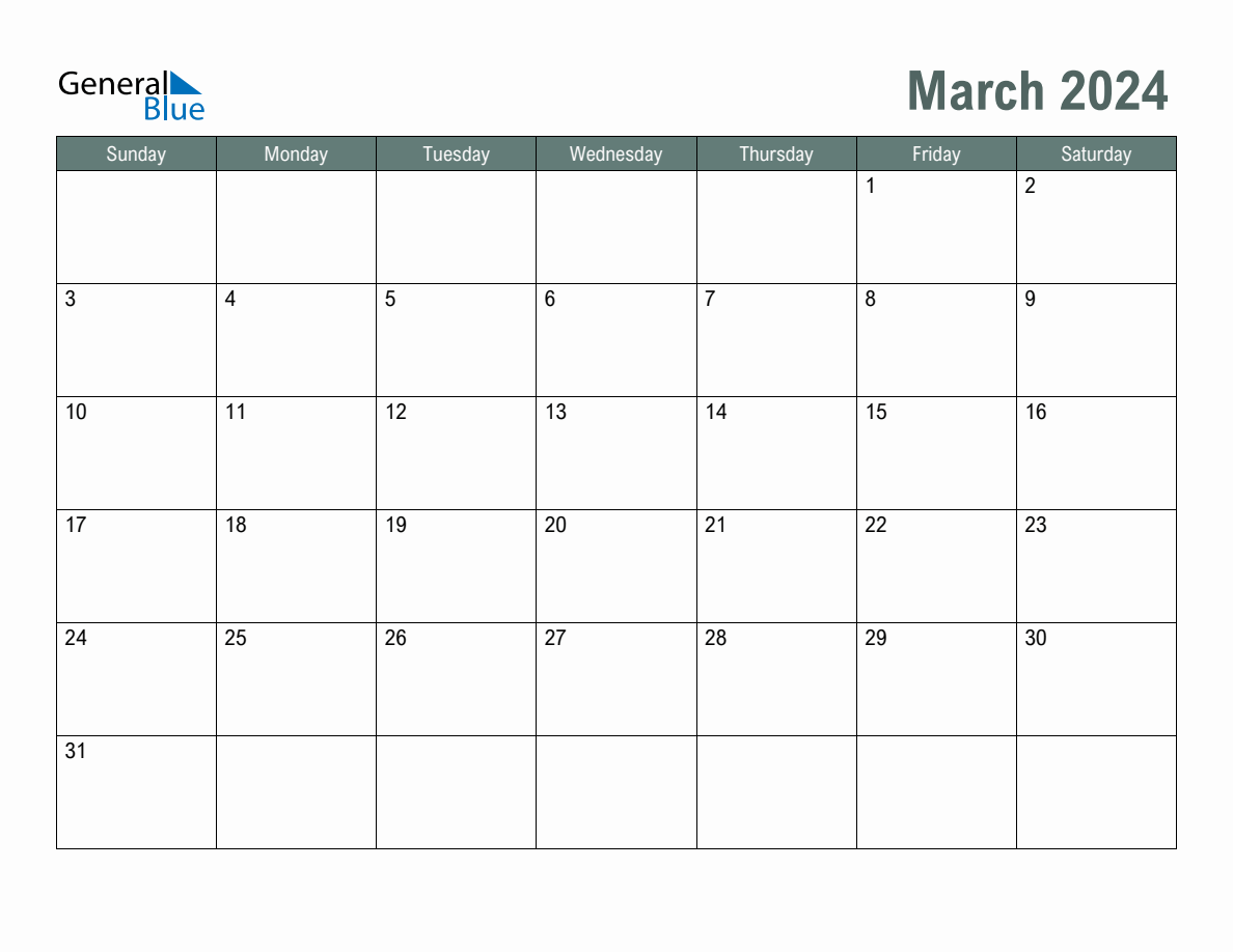 Blank March 2024 Monthly Calendar Template