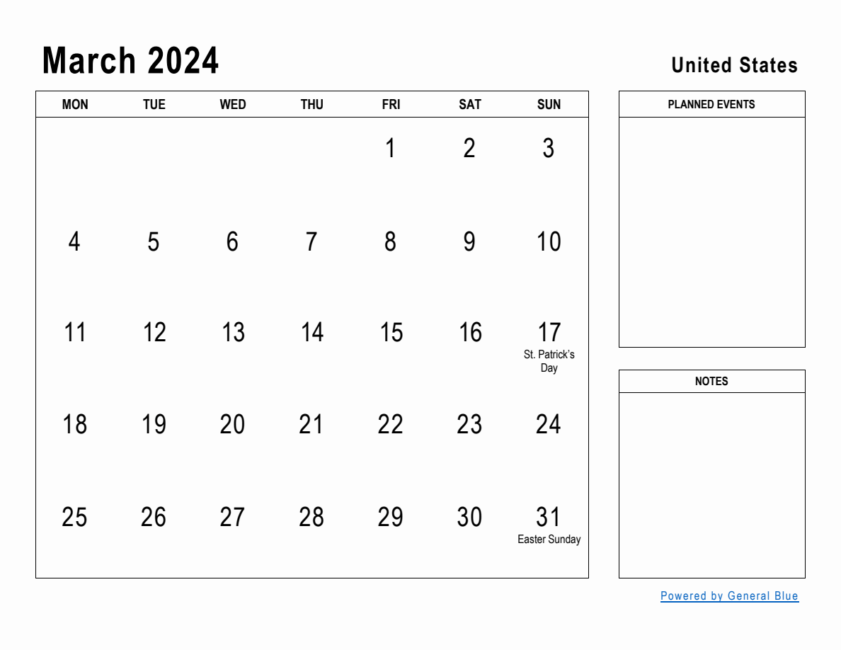March 2024 Planner with United States Holidays (Monday Start)