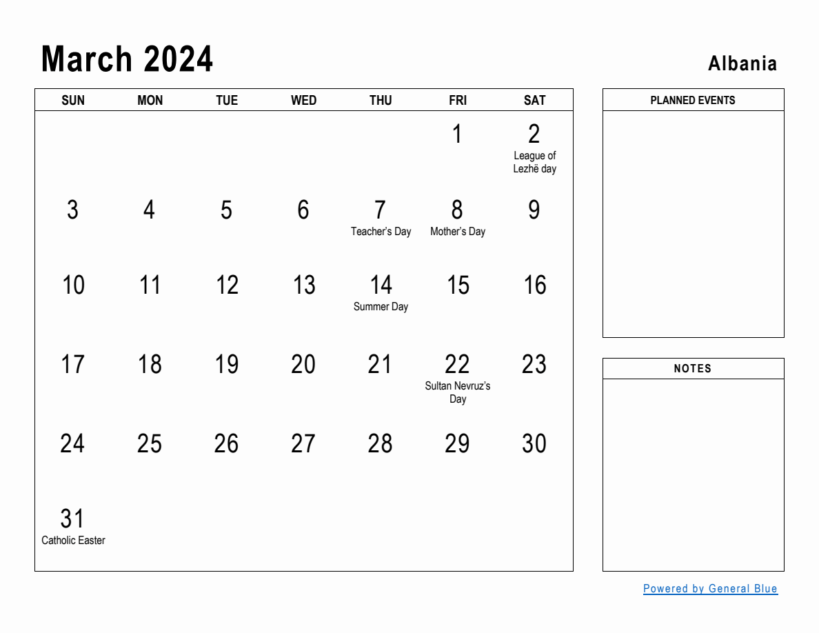 March 2024 Planner with Albania Holidays