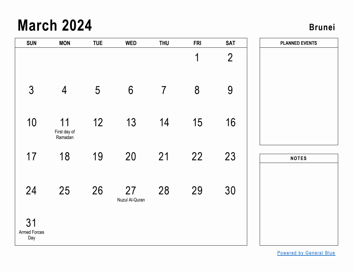 March 2024 Planner with Brunei Holidays