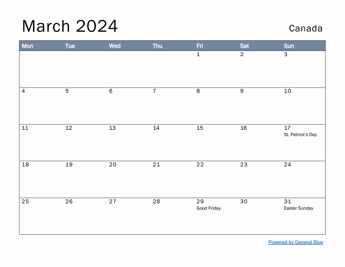 Free Monthly Calendar Template for March 2024 with Canada Holidays ...