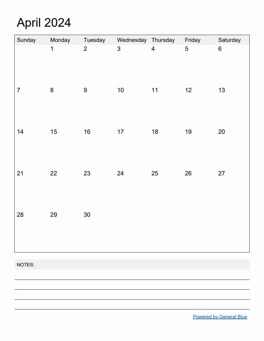 Free Printable Monthly Calendar for April 2024