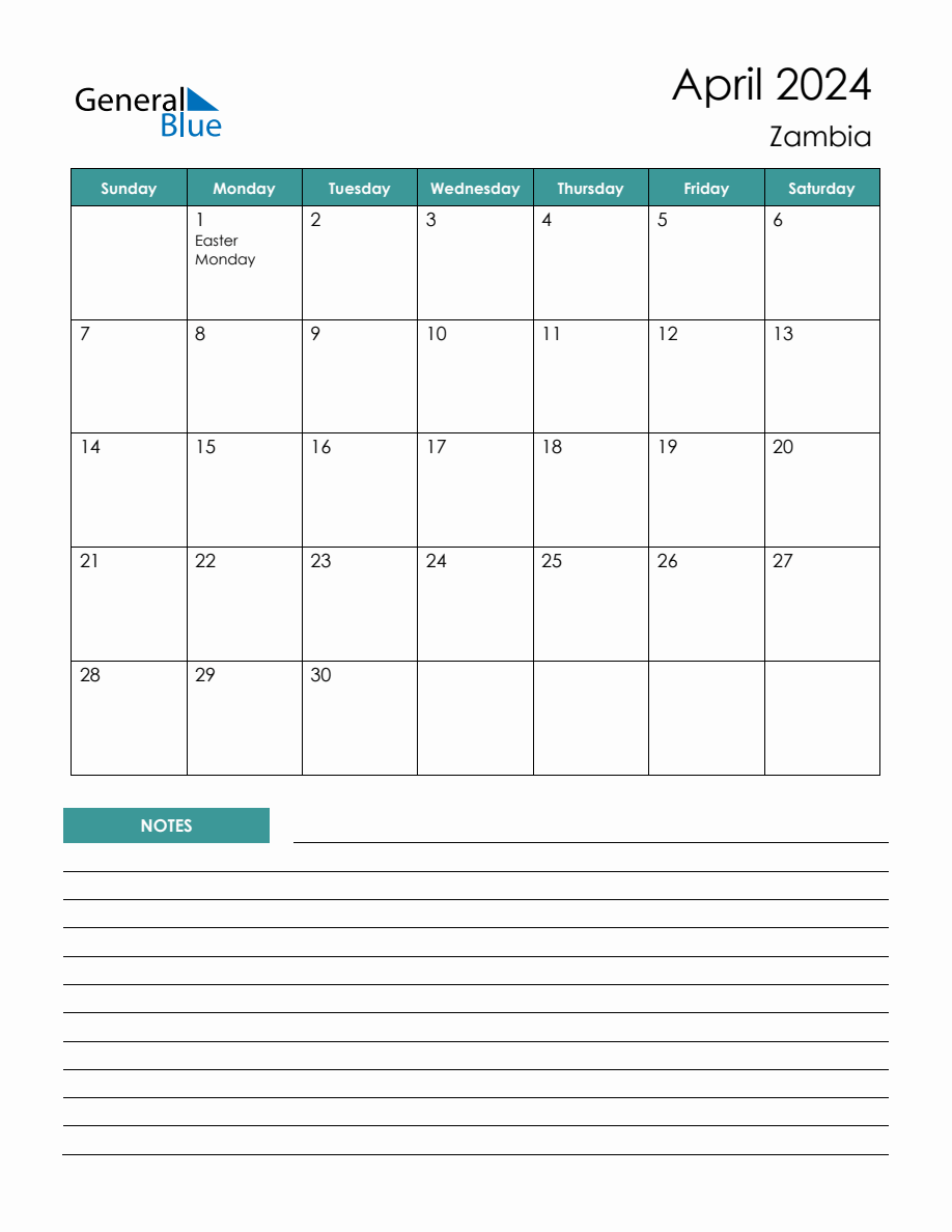 Monthly Planner with Zambia Holidays - April 2024