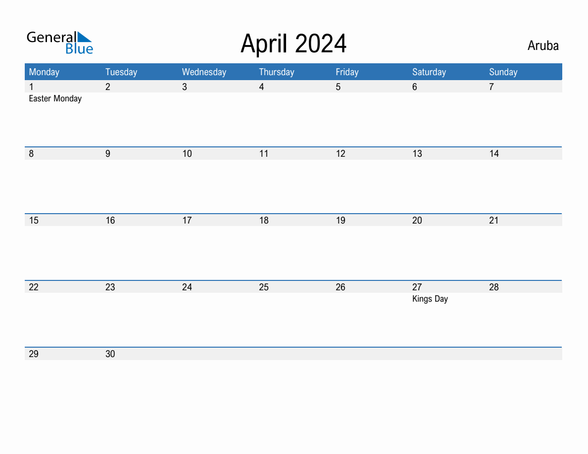 Editable April 2024 Calendar with Aruba Holidays (Monday Start)