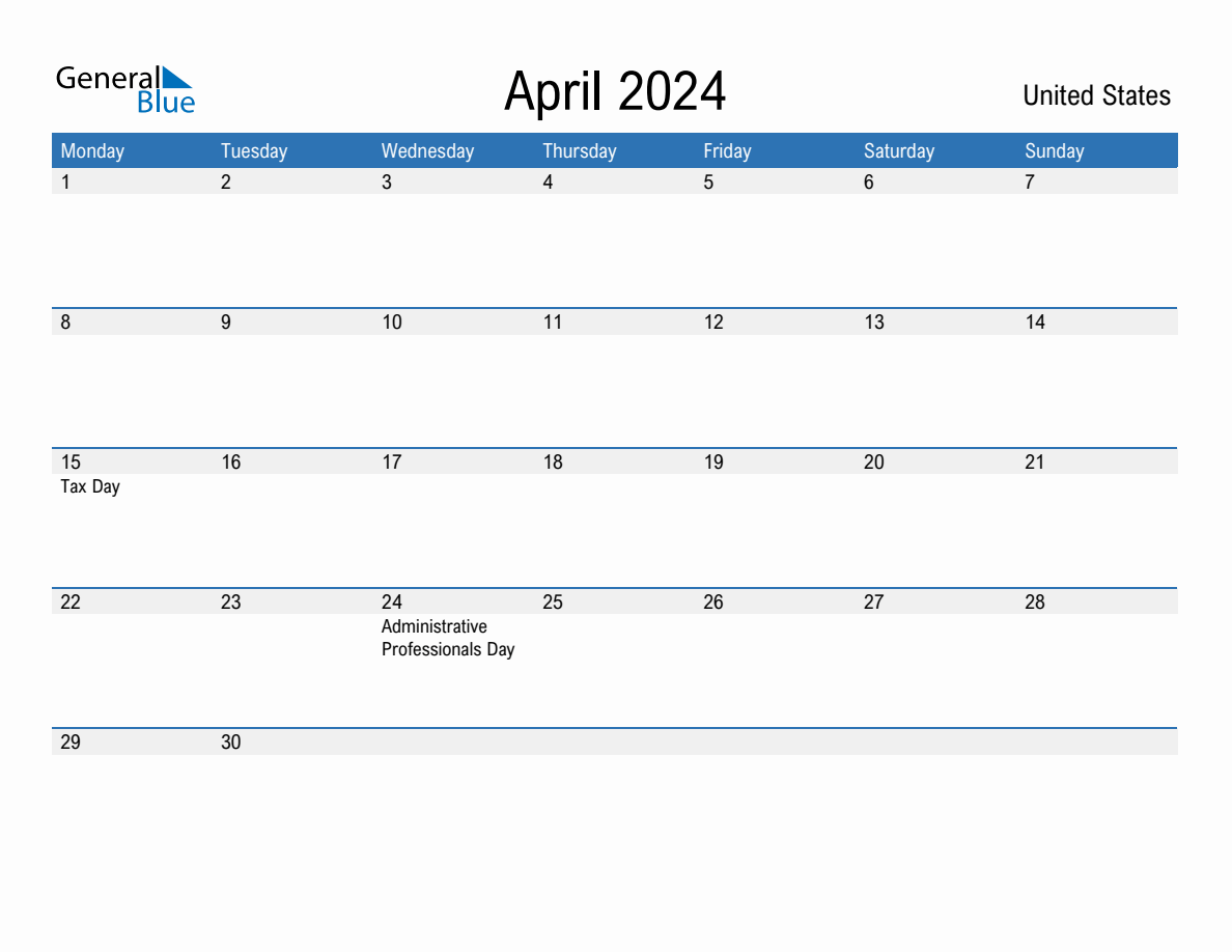 Editable April 2024 Calendar with United States Holidays (Monday Start)