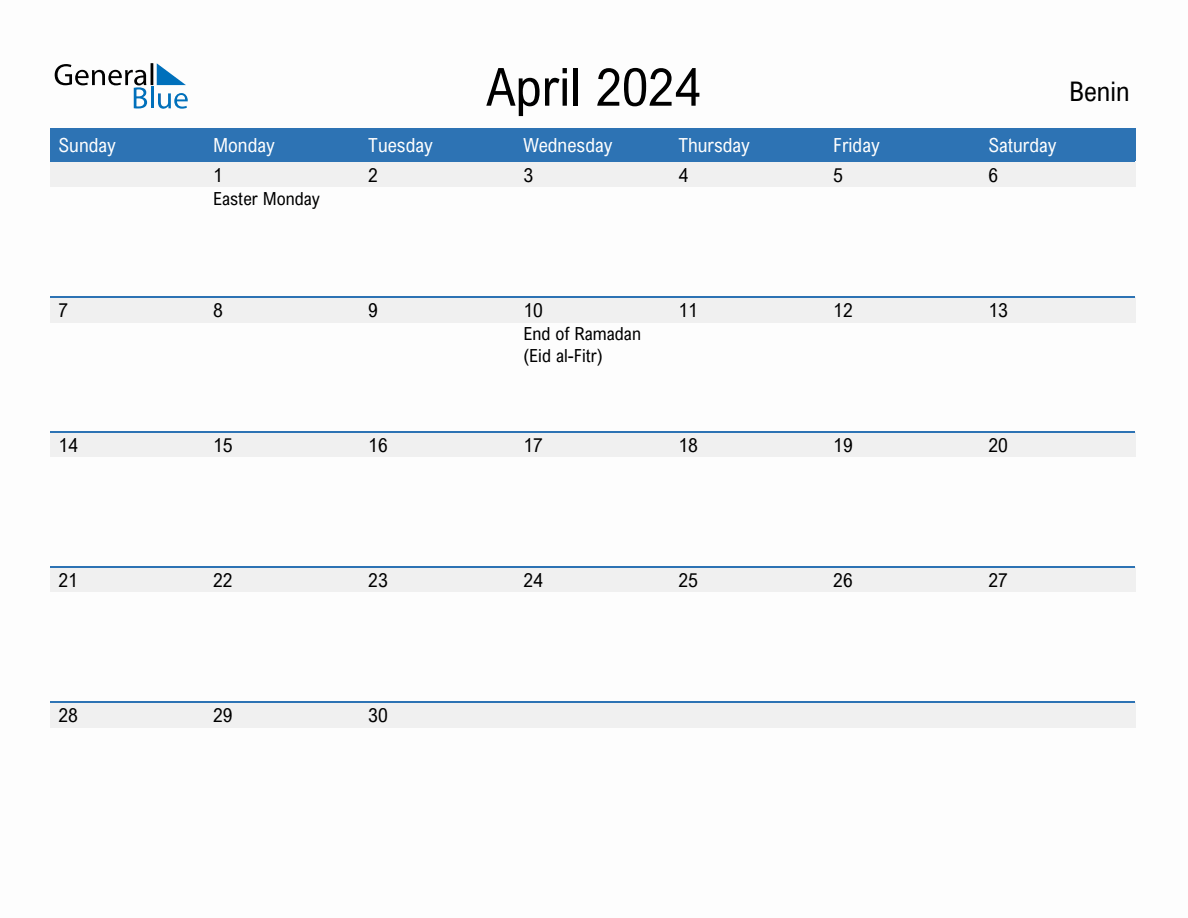 Editable April 2024 Calendar with Benin Holidays