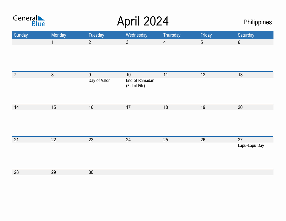 Editable April 2024 Calendar with Philippines Holidays