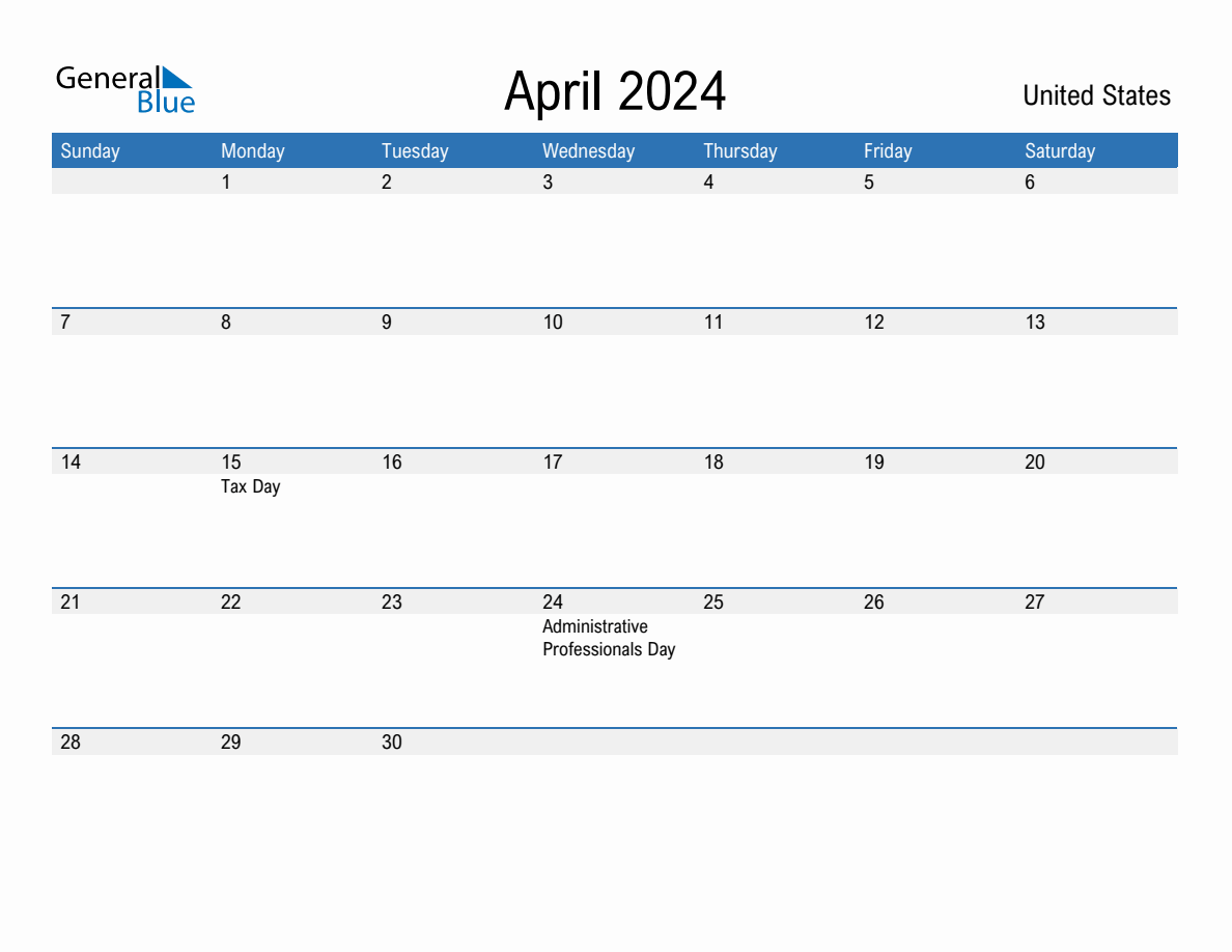 April 2024 Monthly Calendars with United States Holidays