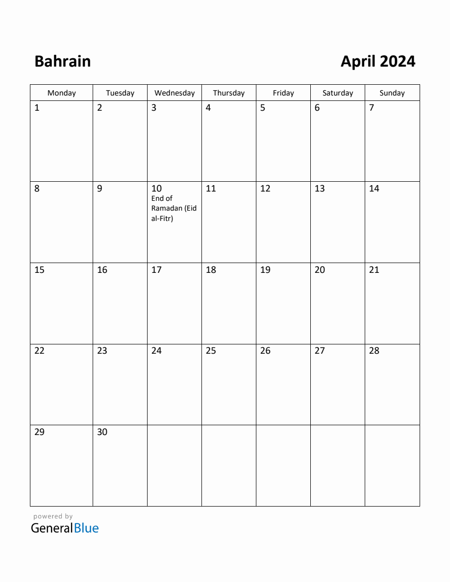 Free Printable April 2024 Calendar for Bahrain (Monday Start)