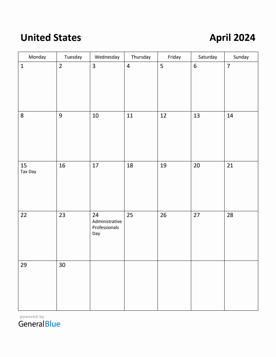 Free Printable April 2024 Calendar for United States (Monday Start)