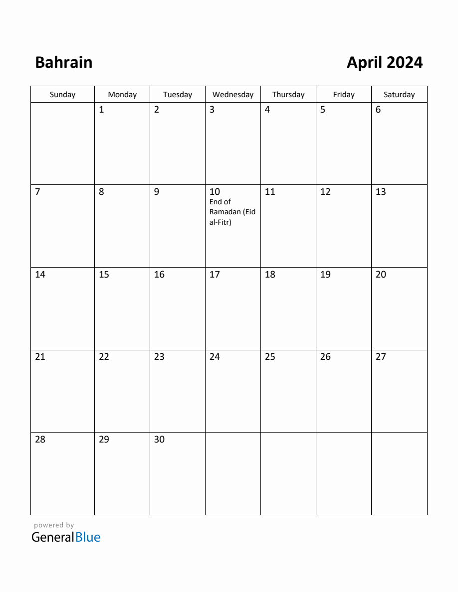 Free Printable April 2024 Calendar for Bahrain