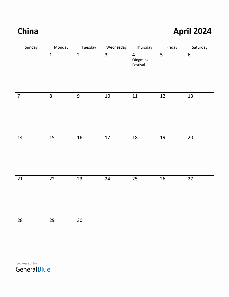 Free Printable April 2024 Calendar for China