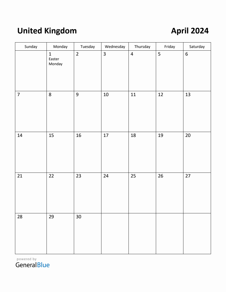 Free Printable April 2024 Calendar for United Kingdom