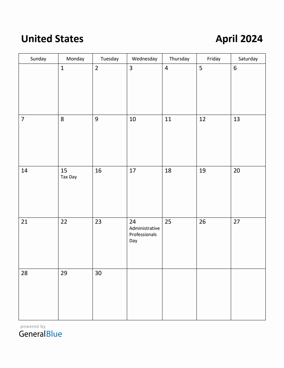 Free Printable April 2024 Calendar for United States