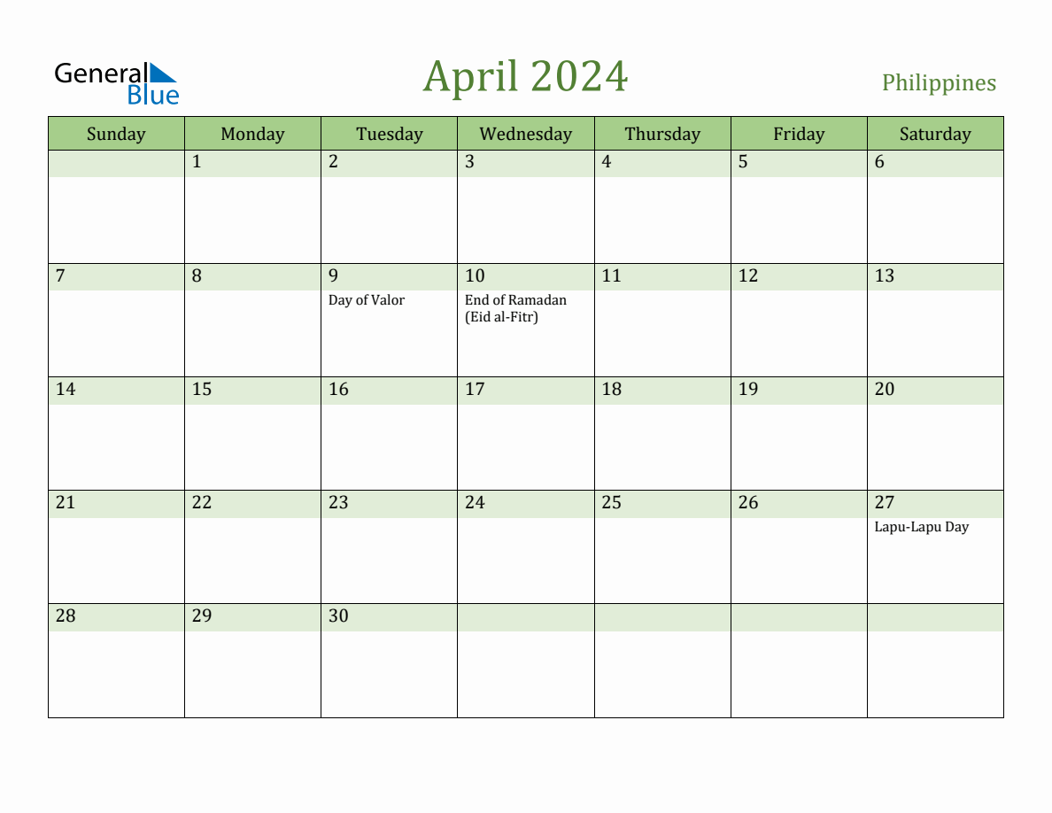 Fillable Holiday Calendar for Philippines - April 2024