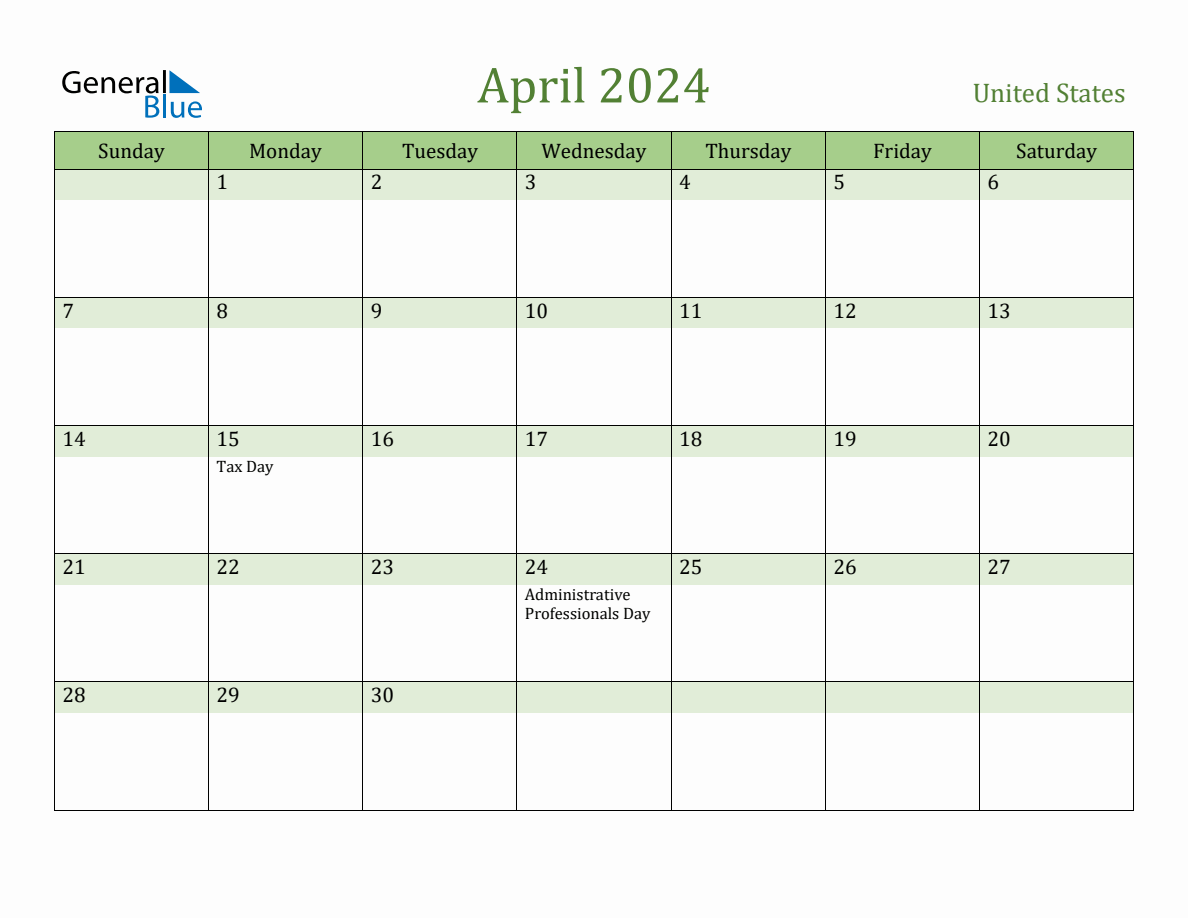 Fillable Holiday Calendar for United States - April 2024