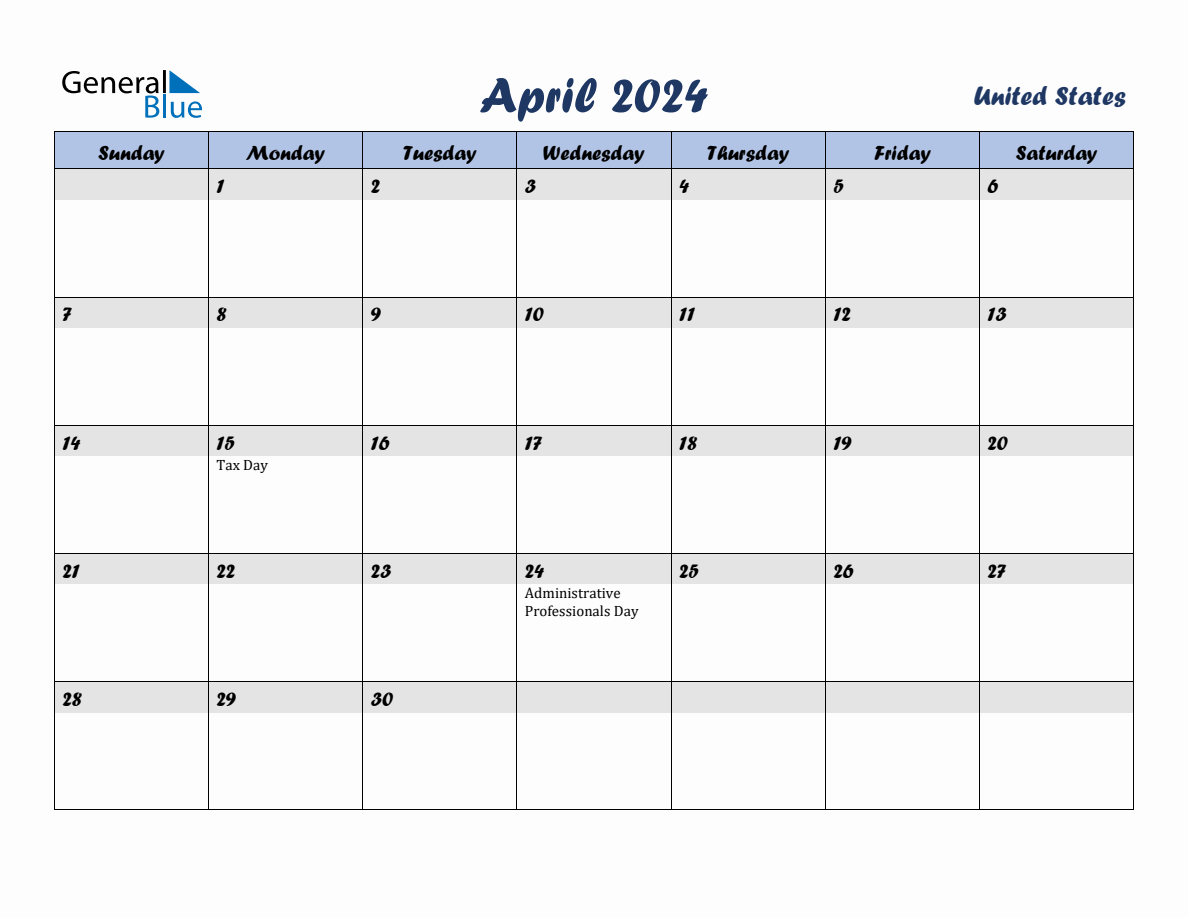 April 2024 Monthly Calendar Template with Holidays for United States