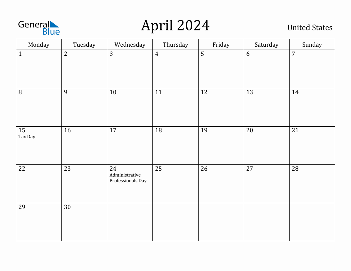 April 2024 Monthly Calendar with United States Holidays (Monday Start)