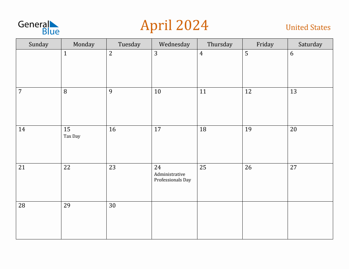Free April 2024 United States Calendar