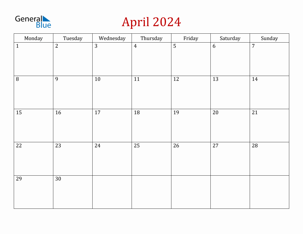April 2024 Simple Calendar - Monday Start