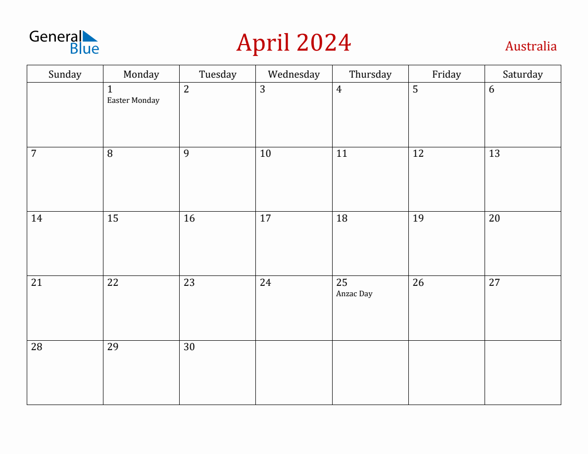 April 2024 Australia Monthly Calendar with Holidays