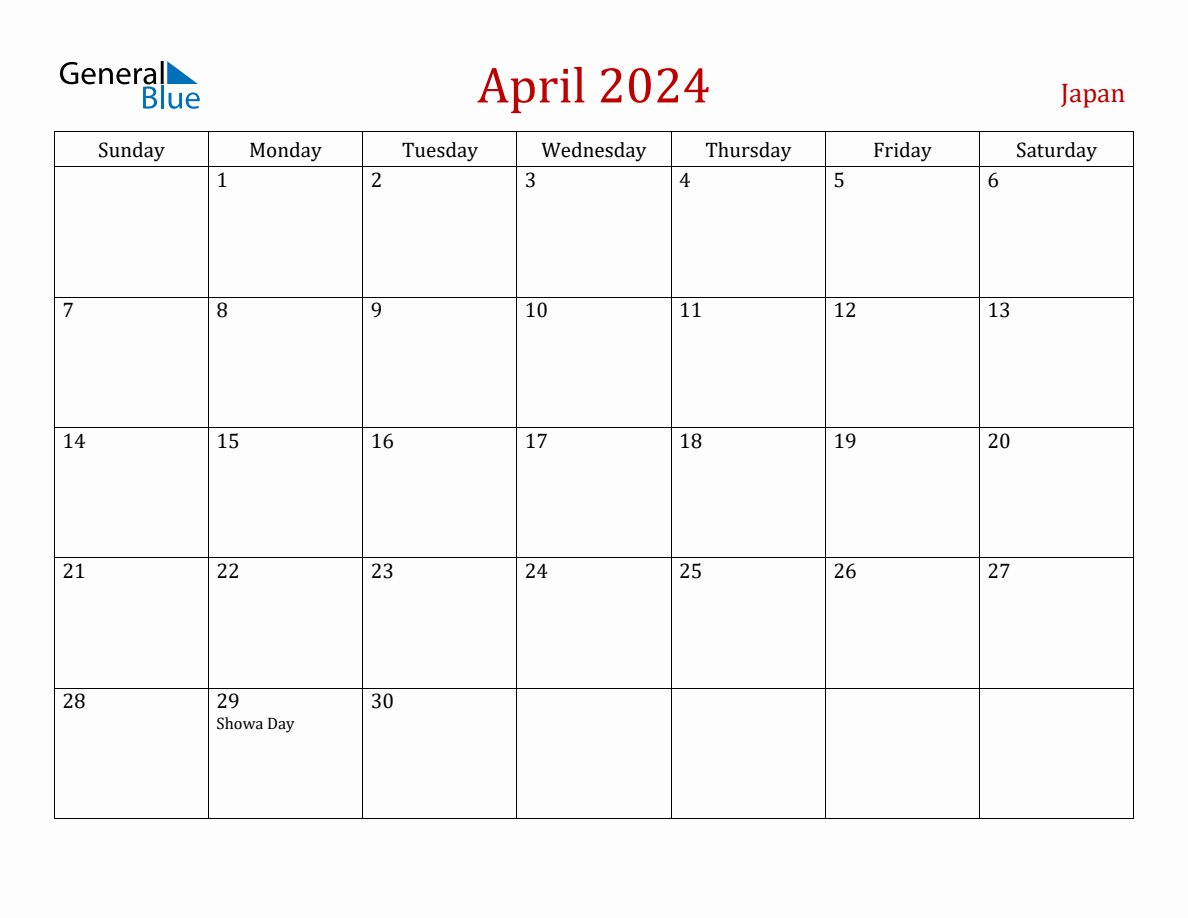 April 2024 Japan Monthly Calendar with Holidays