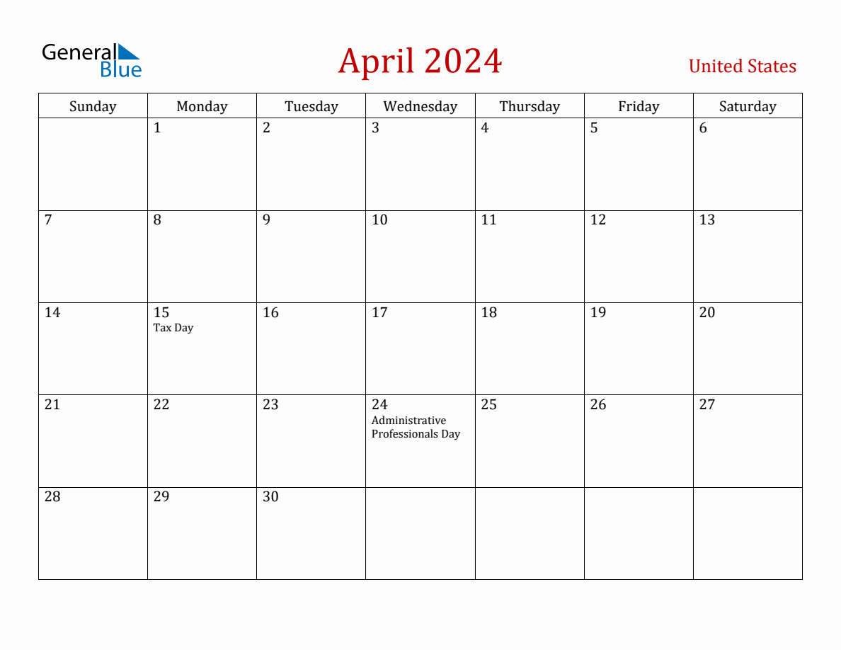 April 2024 United States Monthly Calendar with Holidays