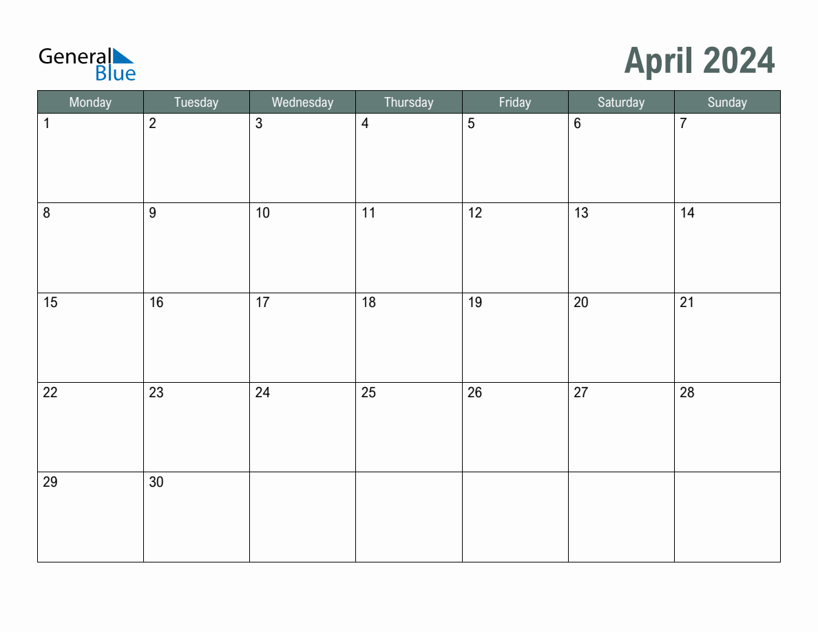 Blank April 2024 Monthly Calendar Template - Monday Start