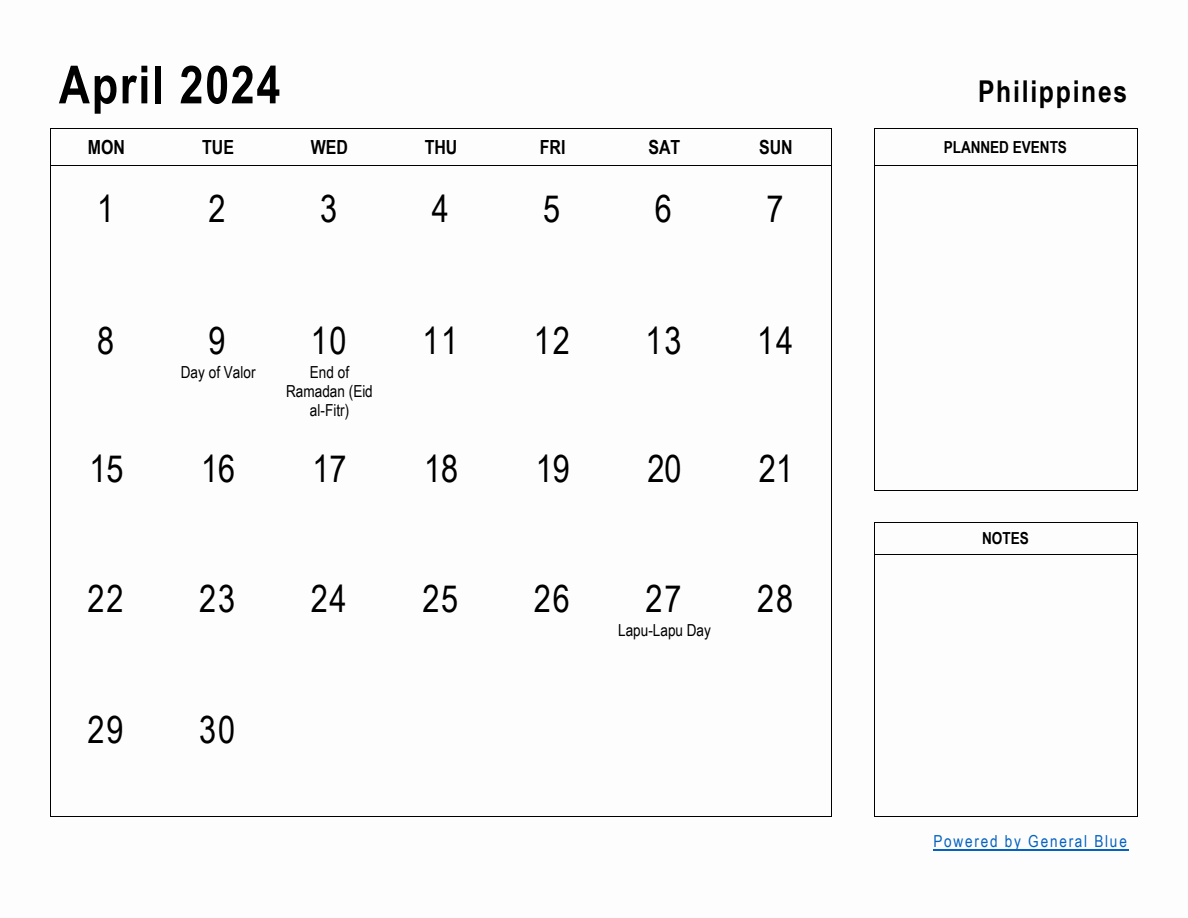 April 2024 Planner with Philippines Holidays (Monday Start)