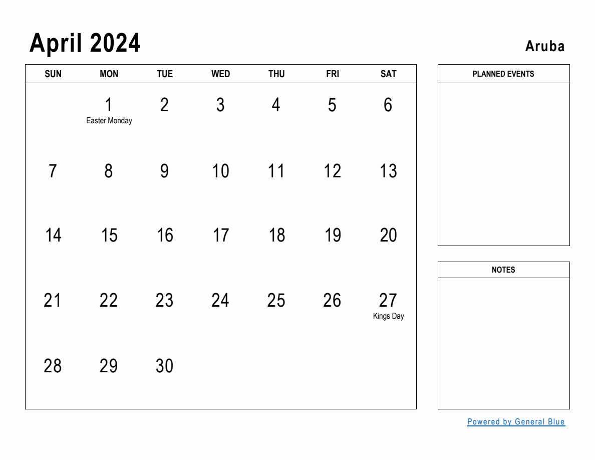 April 2024 Planner with Aruba Holidays