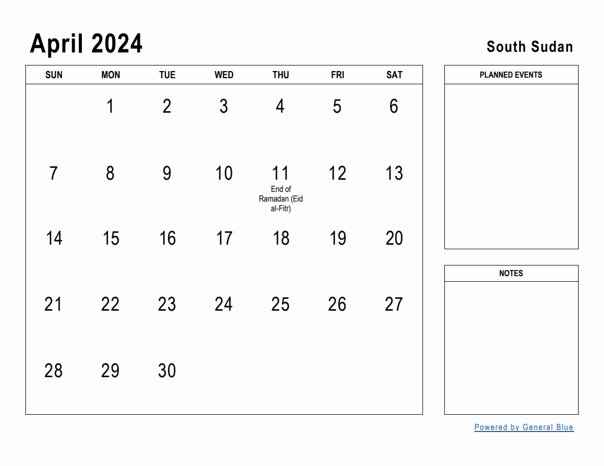 April 2024 Planner with South Sudan Holidays
