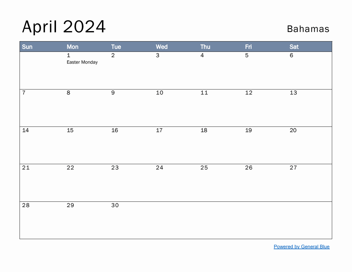 Free Monthly Calendar Template for April 2024 with Bahamas Holidays