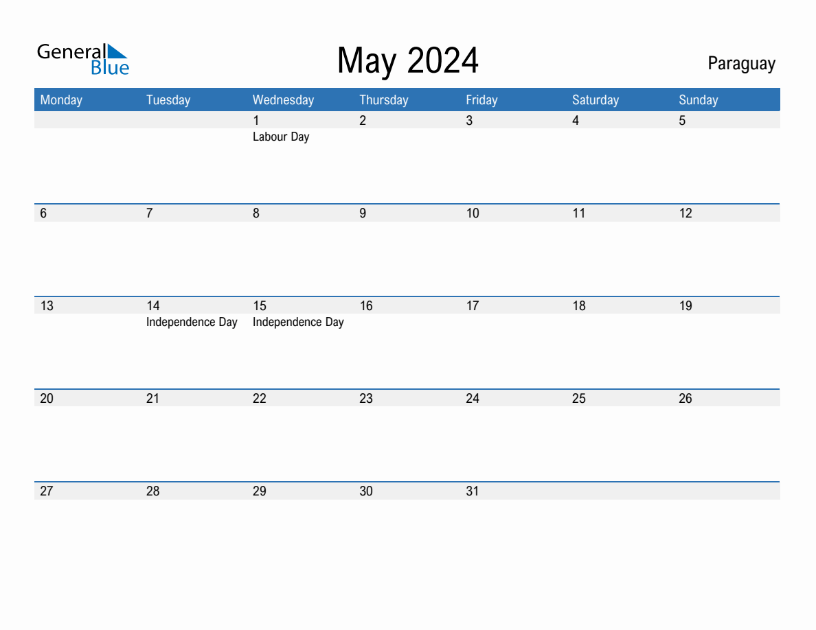 Editable May 2024 Calendar with Paraguay Holidays (Monday Start)