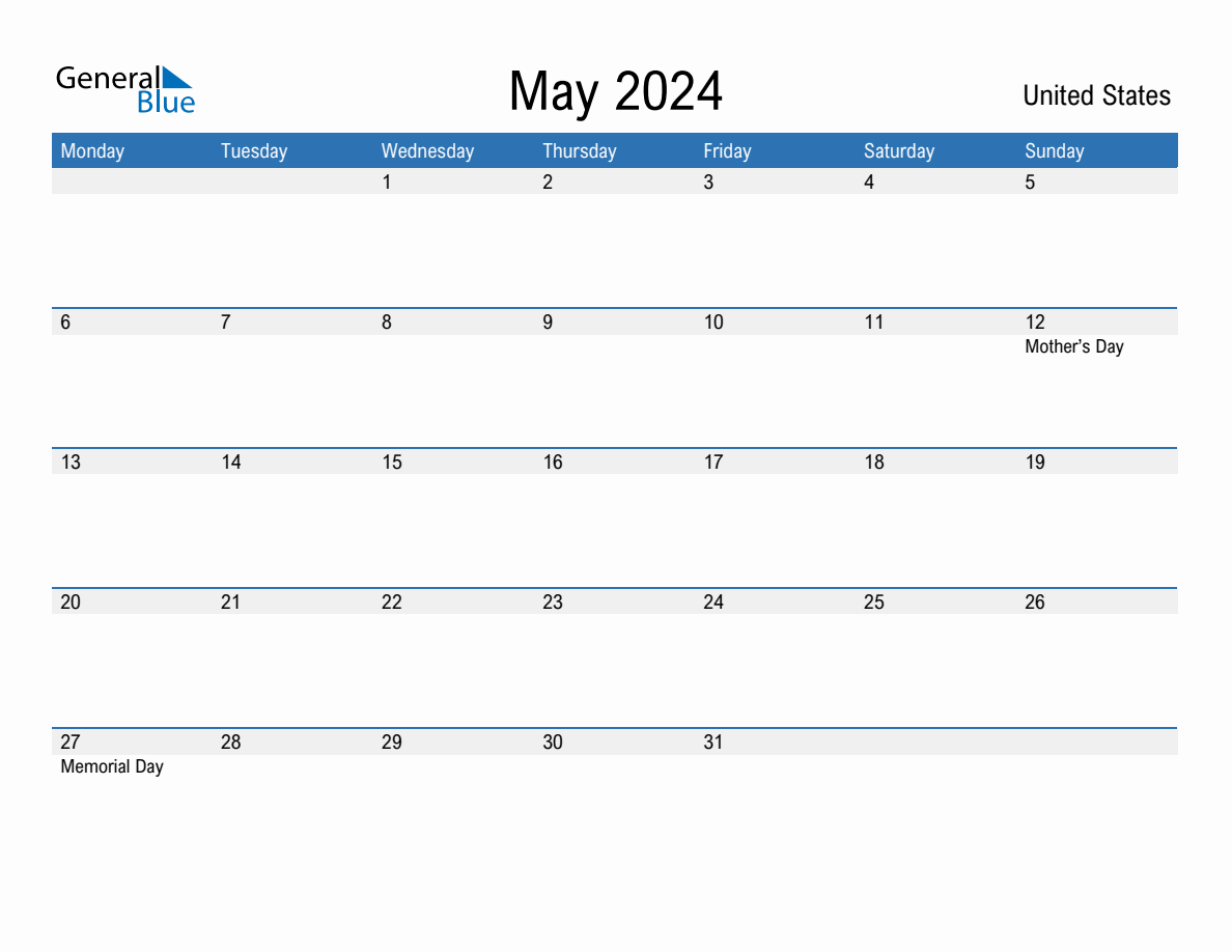 Editable May 2024 Calendar with United States Holidays (Monday Start)