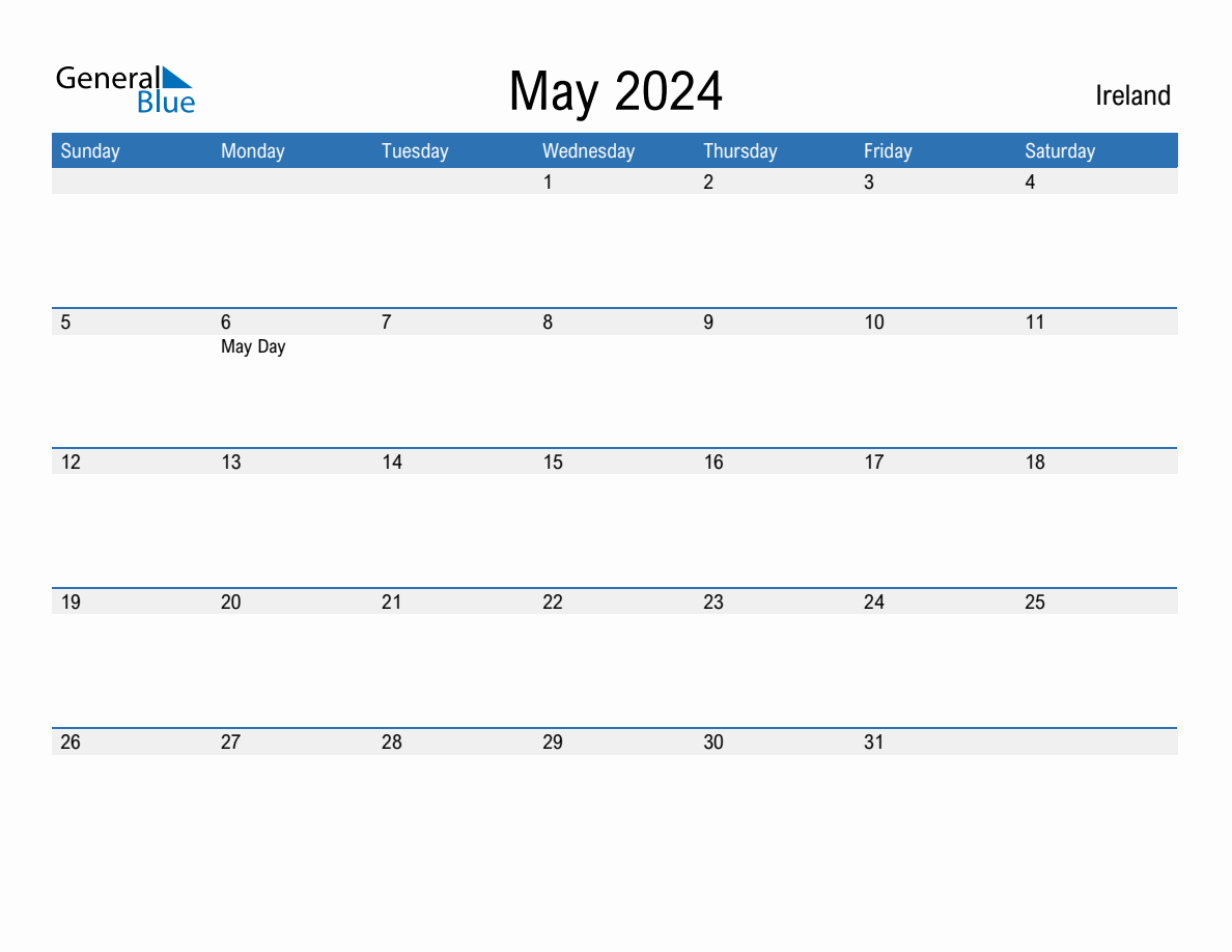 Editable May 2024 Calendar with Ireland Holidays