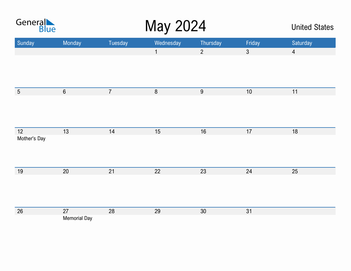 Editable May 2024 Calendar with United States Holidays