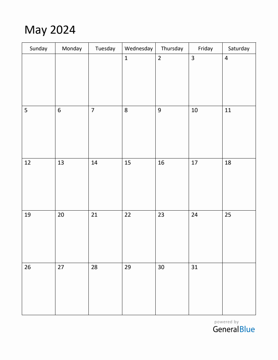 Editable May 2024 Monthly Calendar