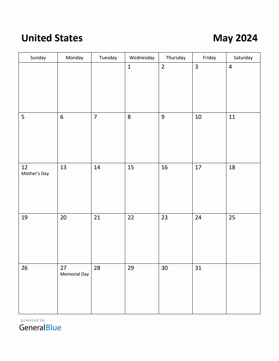 Free Printable May 2024 Calendar for United States
