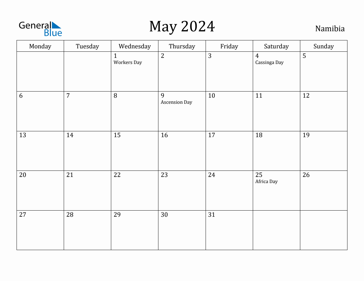May 2024 Monthly Calendar with Namibia Holidays (Monday Start)