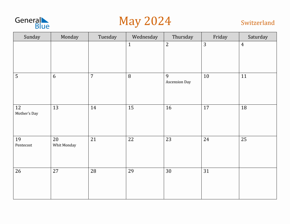 Free May 2024 Switzerland Calendar