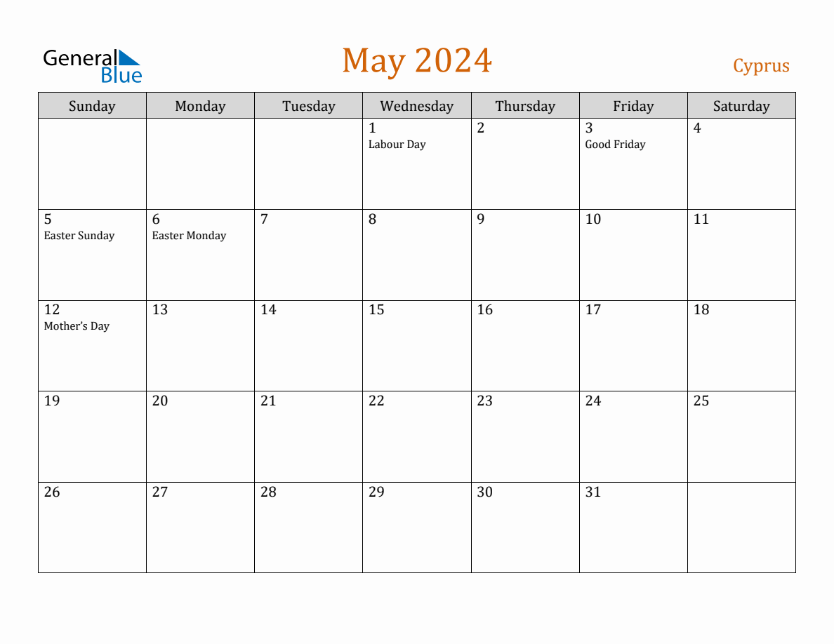 Free May 2024 Cyprus Calendar