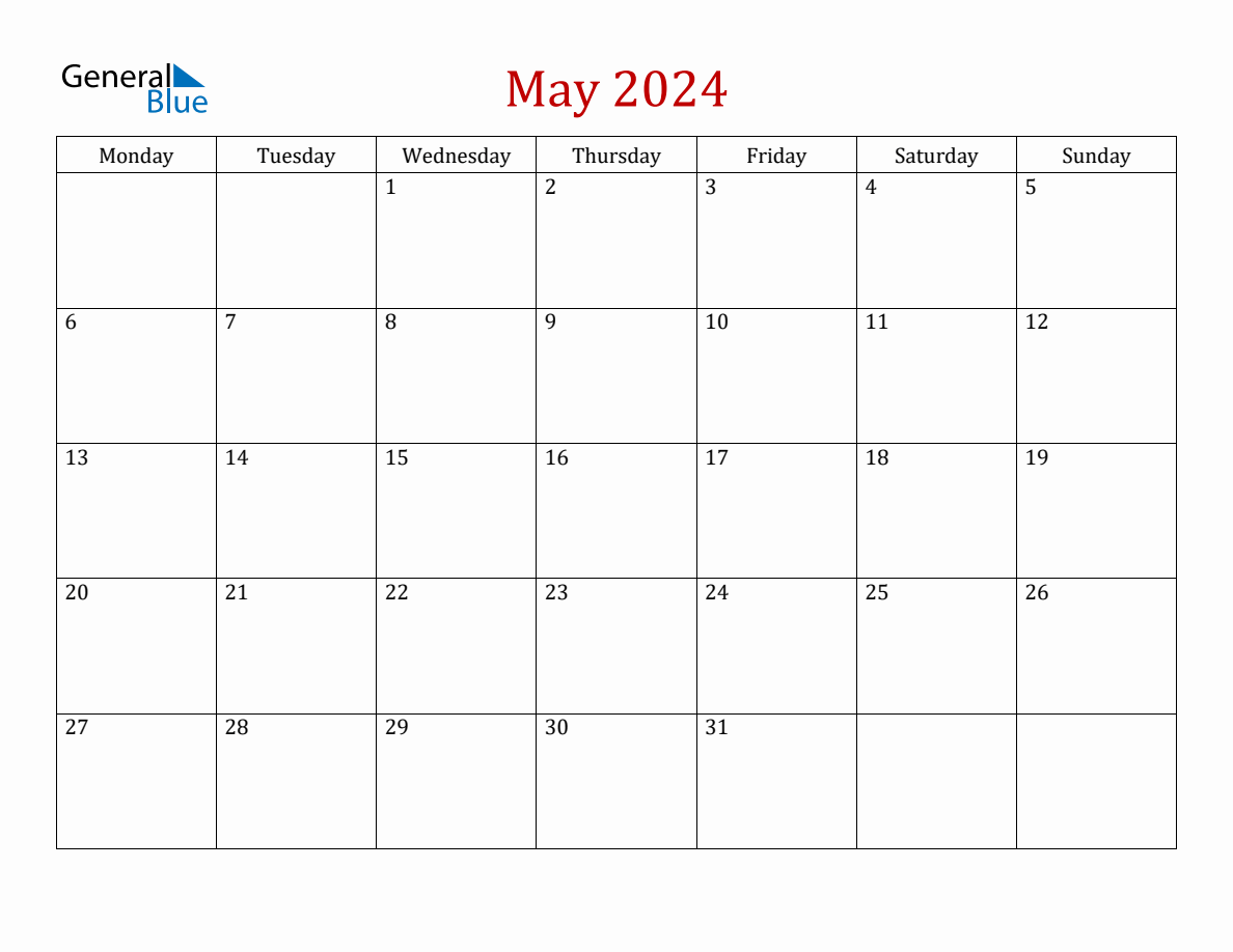May 2024 Simple Calendar - Monday Start