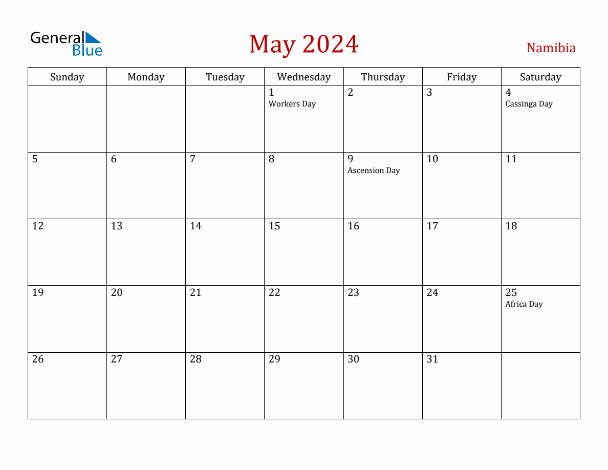 May 2024 Namibia Monthly Calendar with Holidays