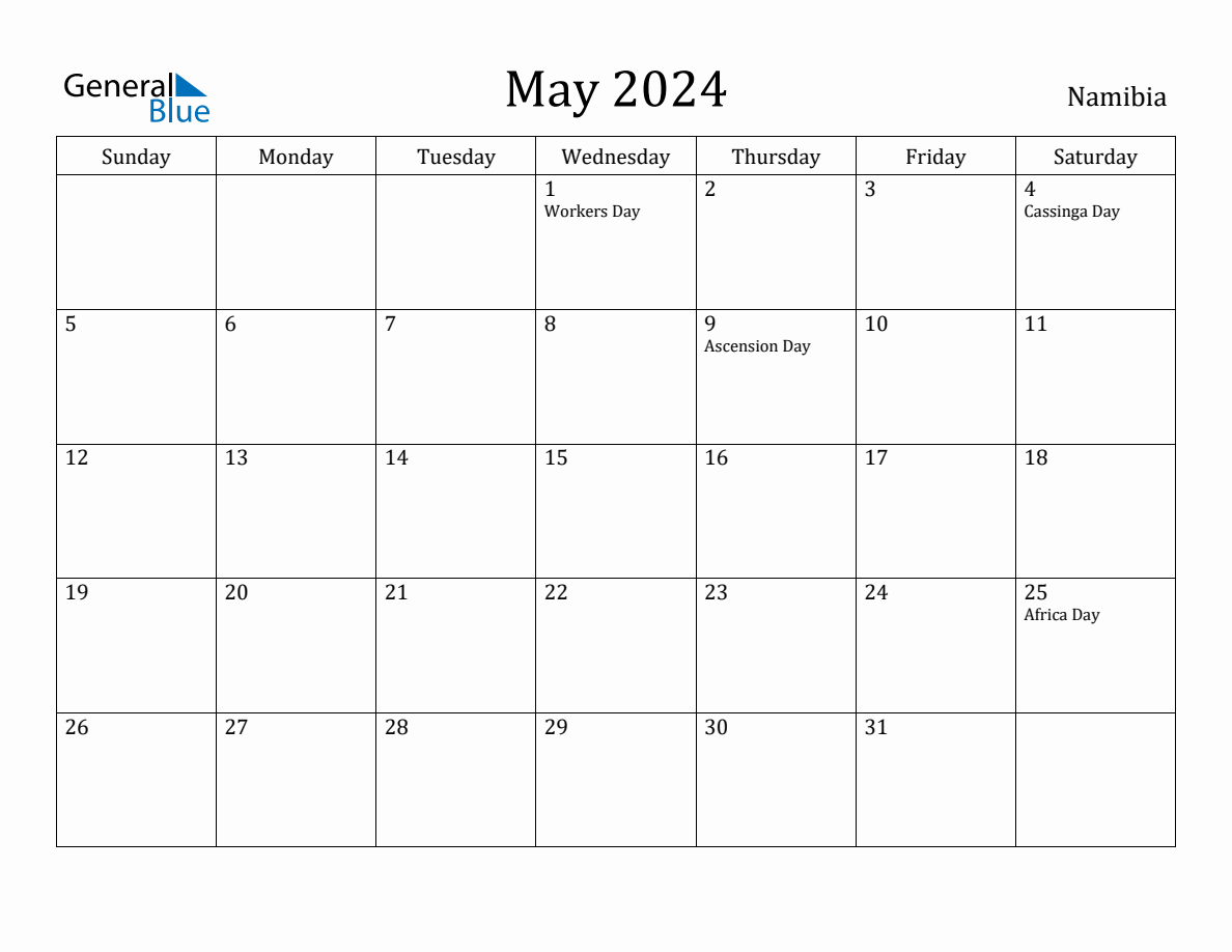 May 2024 Monthly Calendar with Namibia Holidays