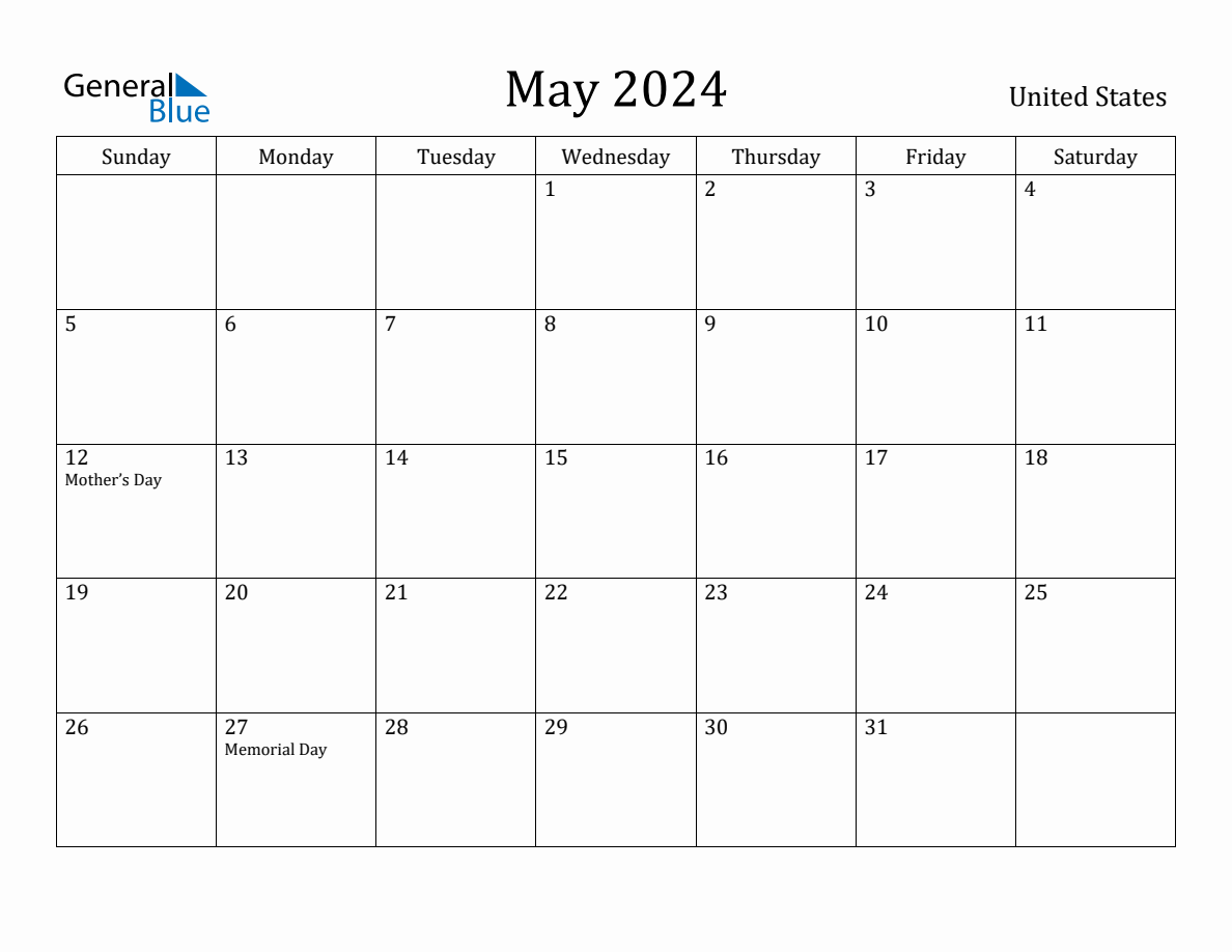 May 2024 Monthly Calendar with United States Holidays